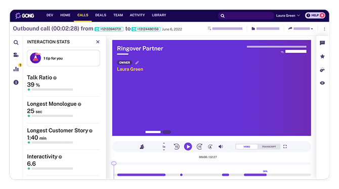 Gong Phone System Integration (VoIP / Dialer) | Ringover
